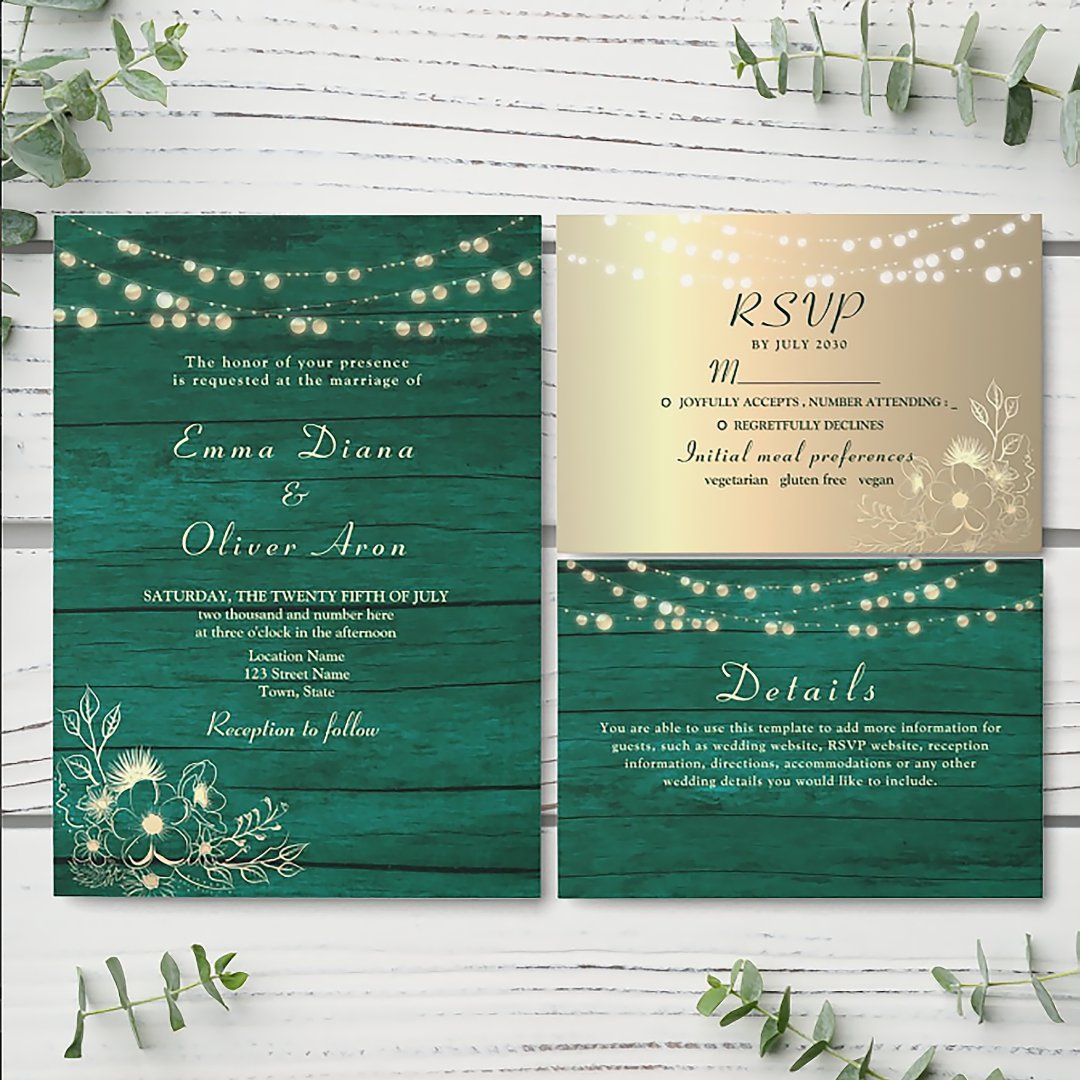 Rustic Barn Wood String Lights Wedding All In One Invitation | Zazzle