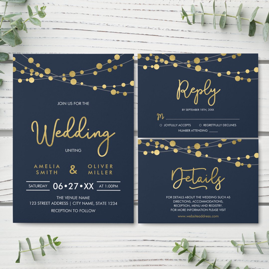 Elegant Blue Strings of Lights Wedding Invitation | Zazzle