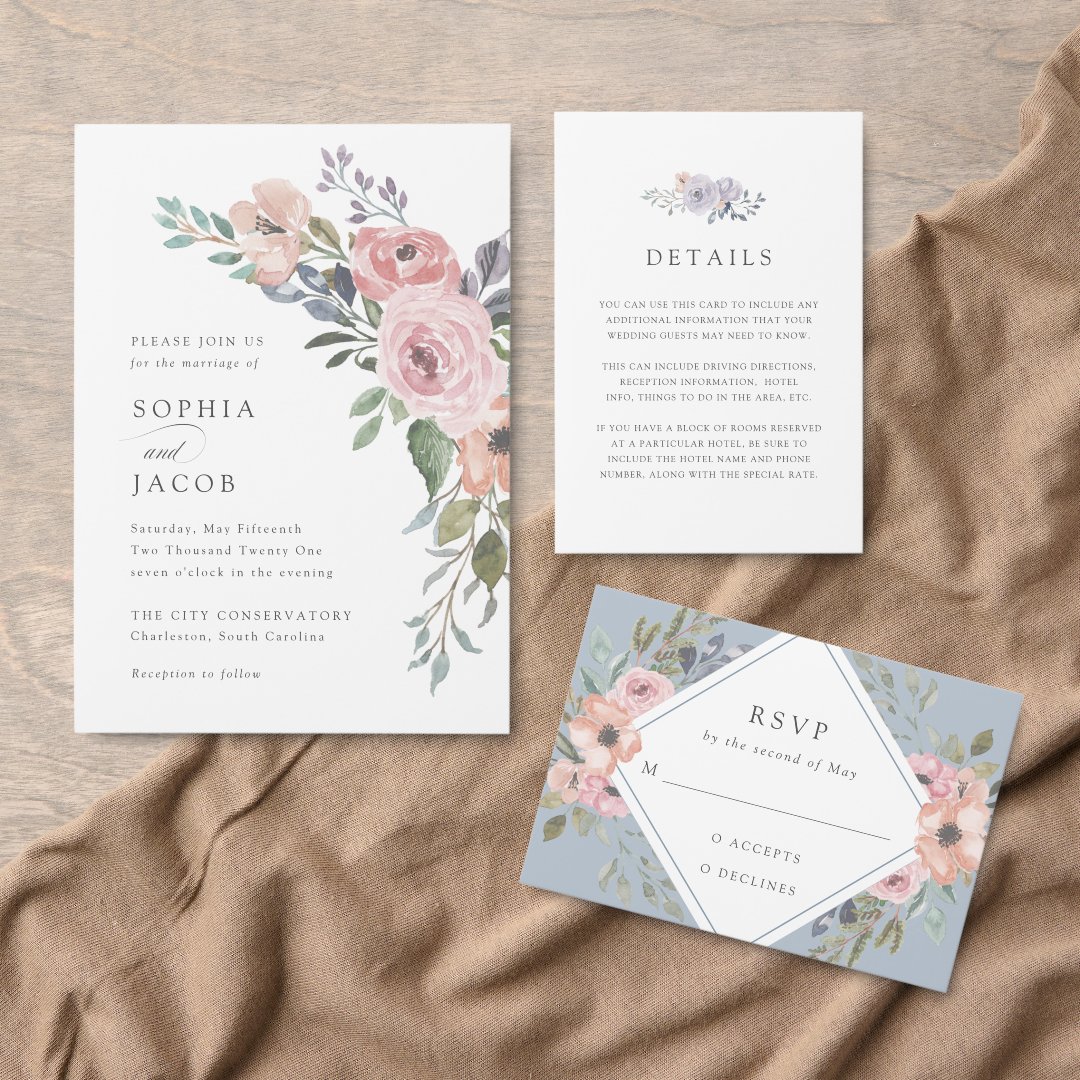 Subtle Watercolor Roses | Light Blue Wedding Invitation | Zazzle