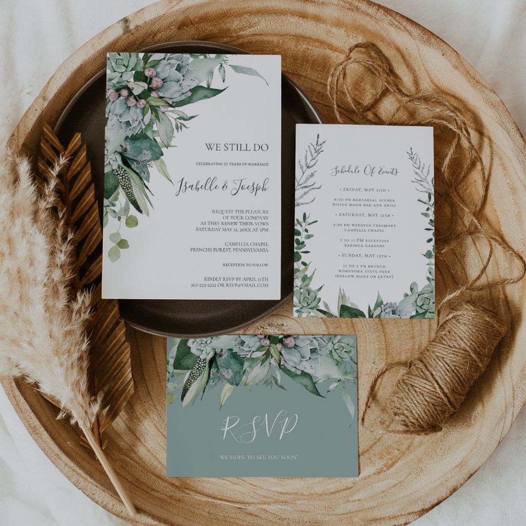Succulent Greenery Wedding Schedule of Events Card | Zazzle