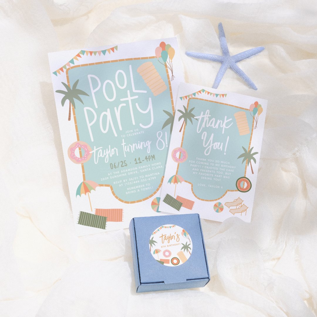 Hand-Drawn Summer Fun Custom Pool Party Birthday Invitation | Zazzle