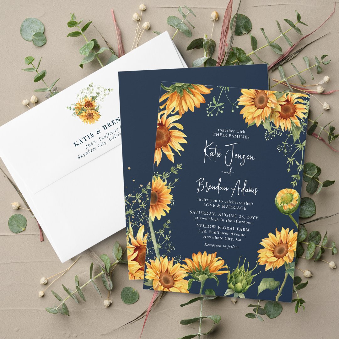 Elegant Fall Sunflower Floral & Navy Wedding Invitation | Zazzle