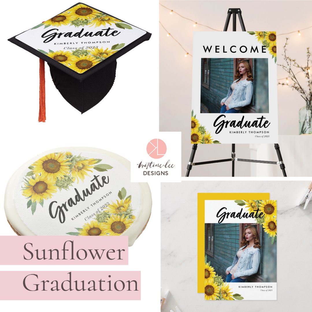 Graduation Party Script Celebration Sunflower Graduation Cap Topper ...