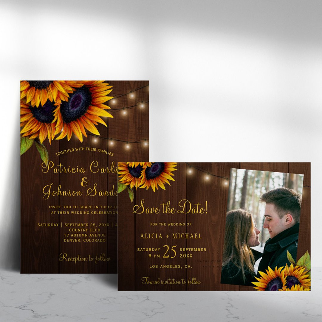 Budget sunflowers rustic wood save date wedding flyer | Zazzle