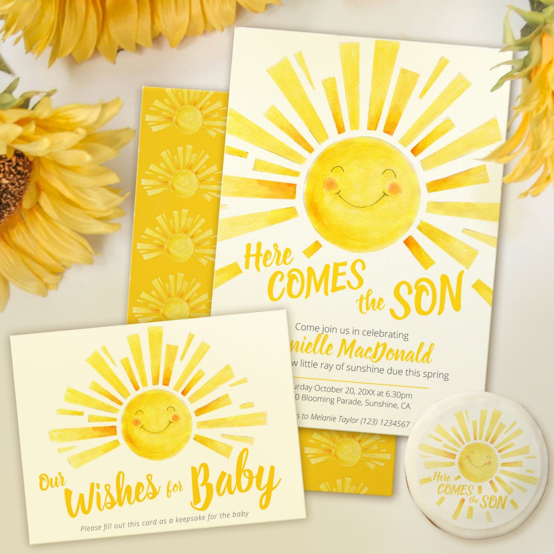 Here comes the son yellow sun whimsy baby shower balloon | Zazzle