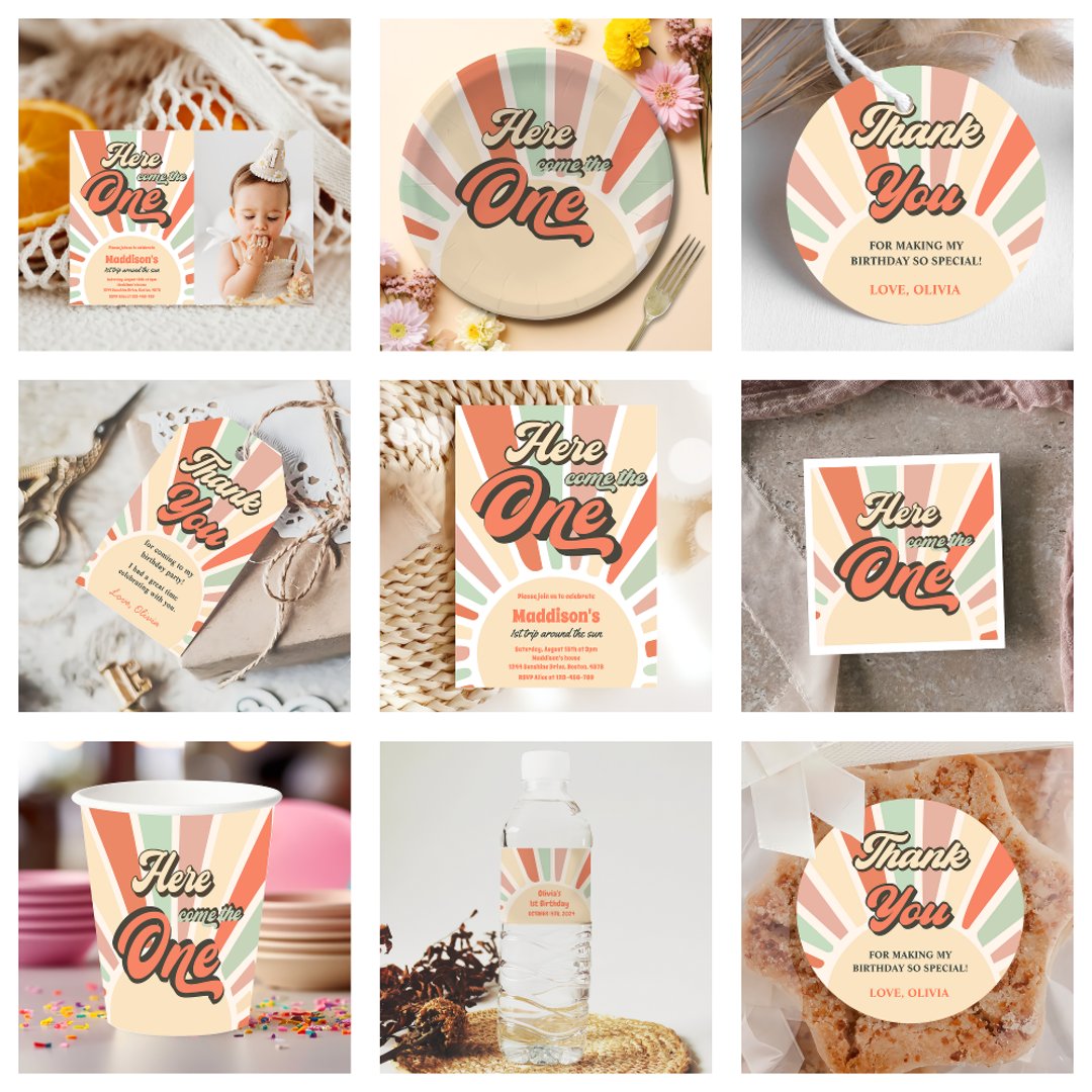 Sunshine Retro Rainbow Birthday Party label | Zazzle