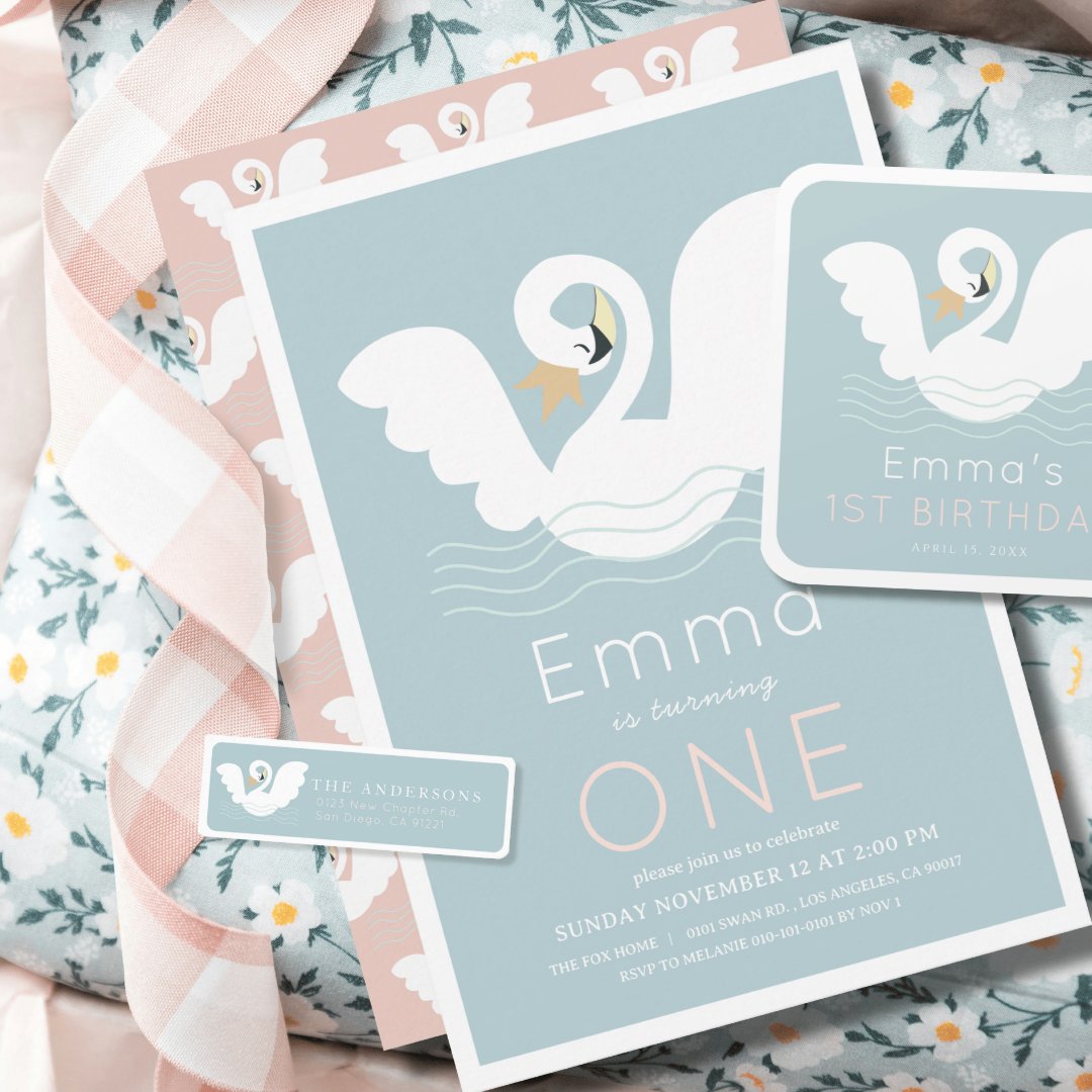 Swan Princess Modern Blue Girl Birthday Invitation | Zazzle