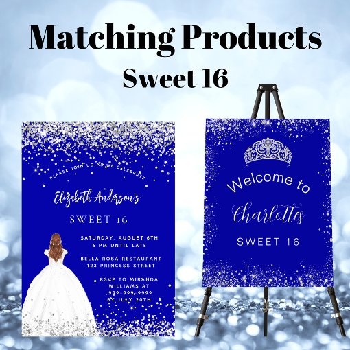 Sweet 16 royal blue white glamorous invitation | Zazzle