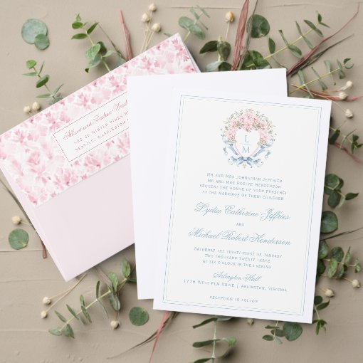 Sweet Cherry Blossom Crest | Monogram Wedding Invitation | Zazzle