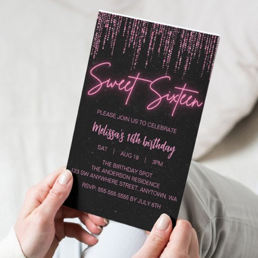 Pink Glitter and Black Sweet 16 Birthday Invitation | Zazzle