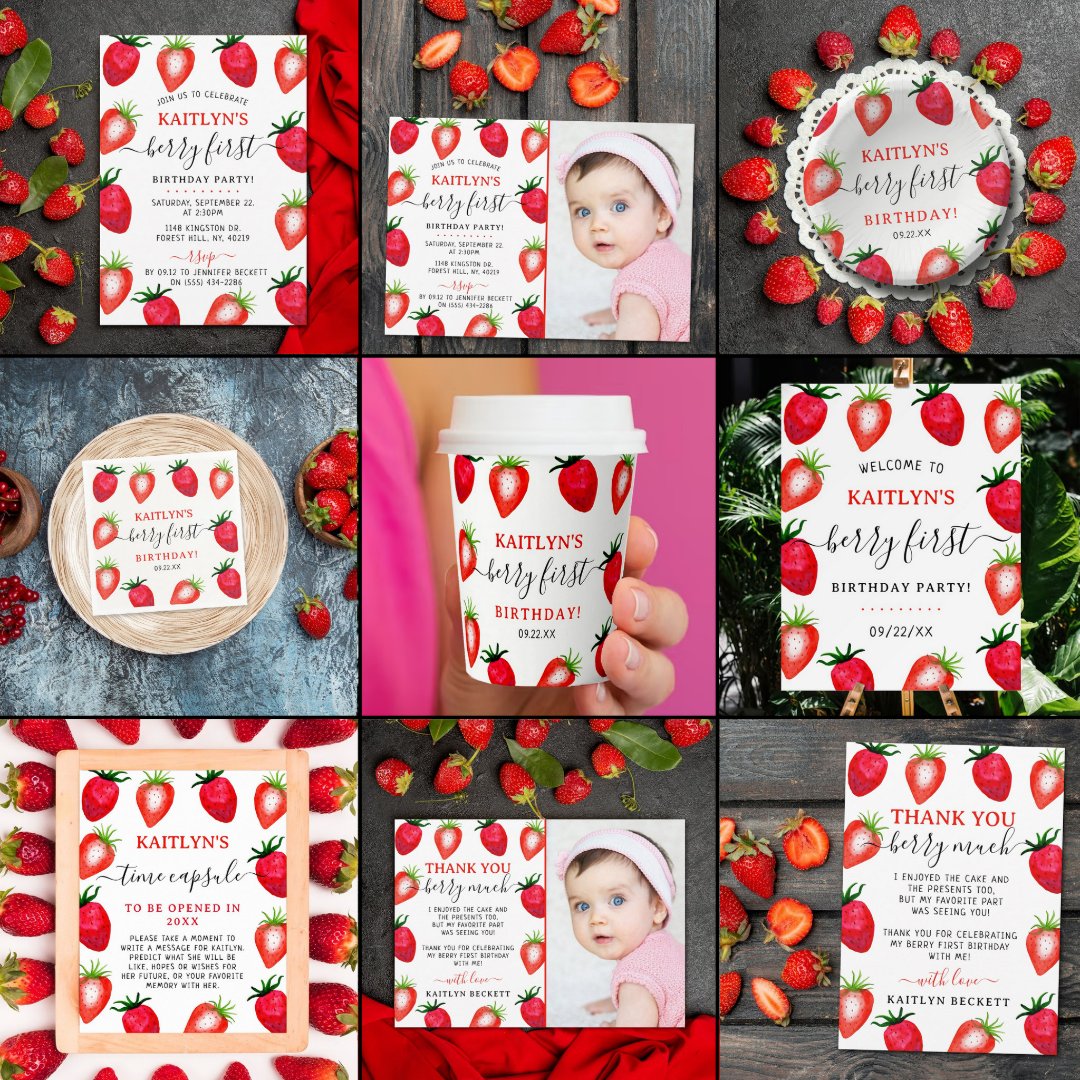 Sweet Strawberry Berry First 1st Birthday Photo Invitation | Zazzle