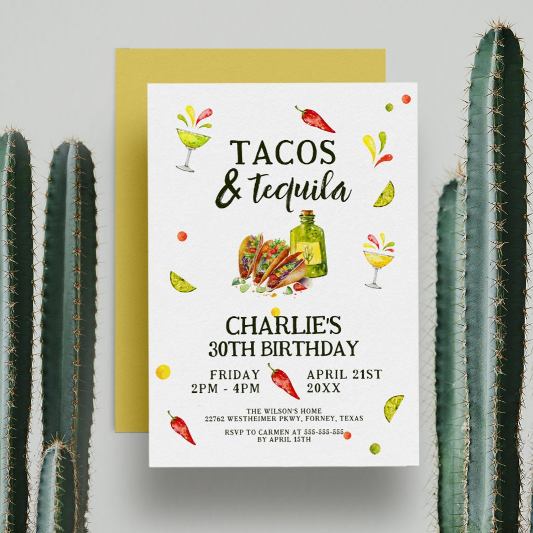 Tacos & Tequila Fun Summer Tropical Birthday Party Invitation | Zazzle