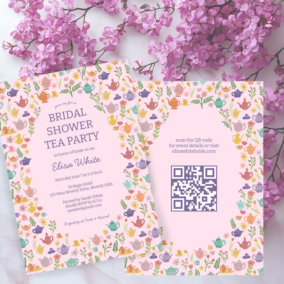 Tea Party Bridal Shower Cute CUSTOM QR Code Invitation | Zazzle