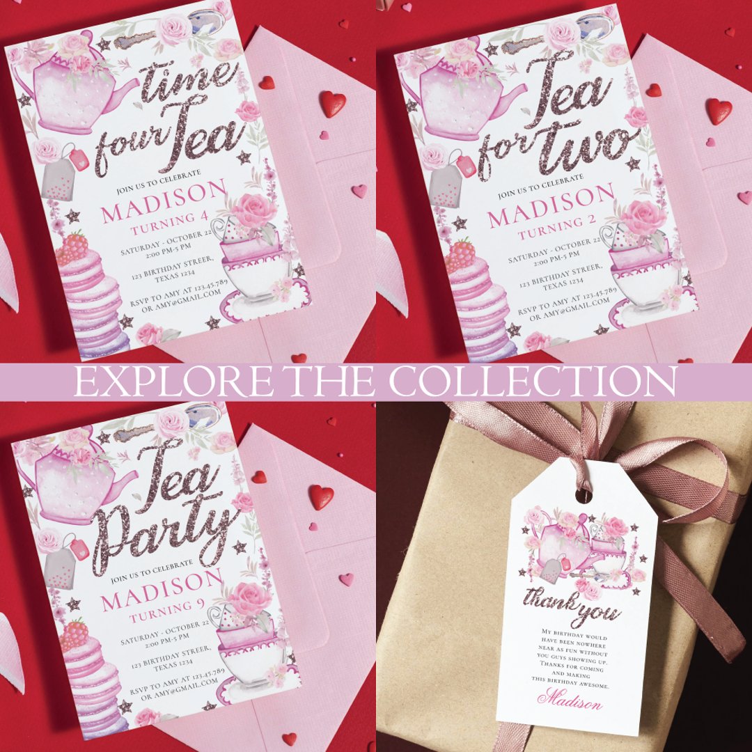 Watercolor Tea Party 4th Birthday Glitter Invitation | Zazzle