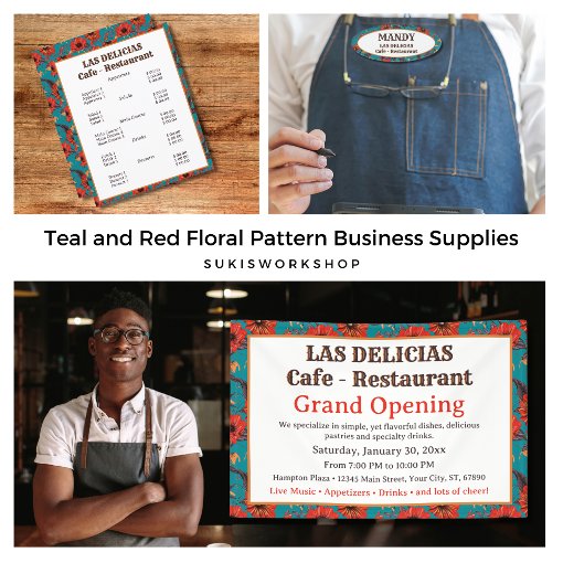 Red Teal Floral Cafe Restaurant Menu | Zazzle