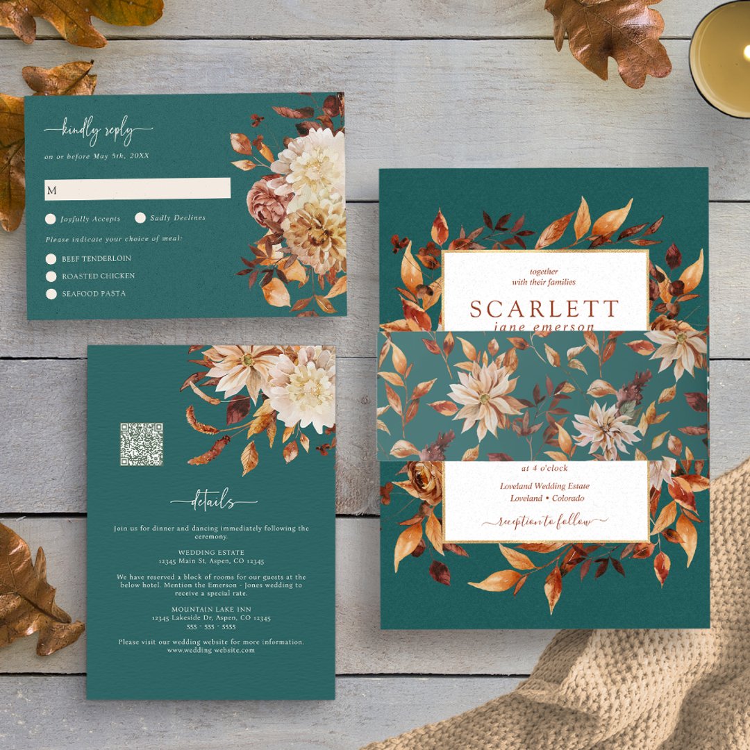 Teal Fall Terracotta Watercolor Floral Wedding Invitation | Zazzle