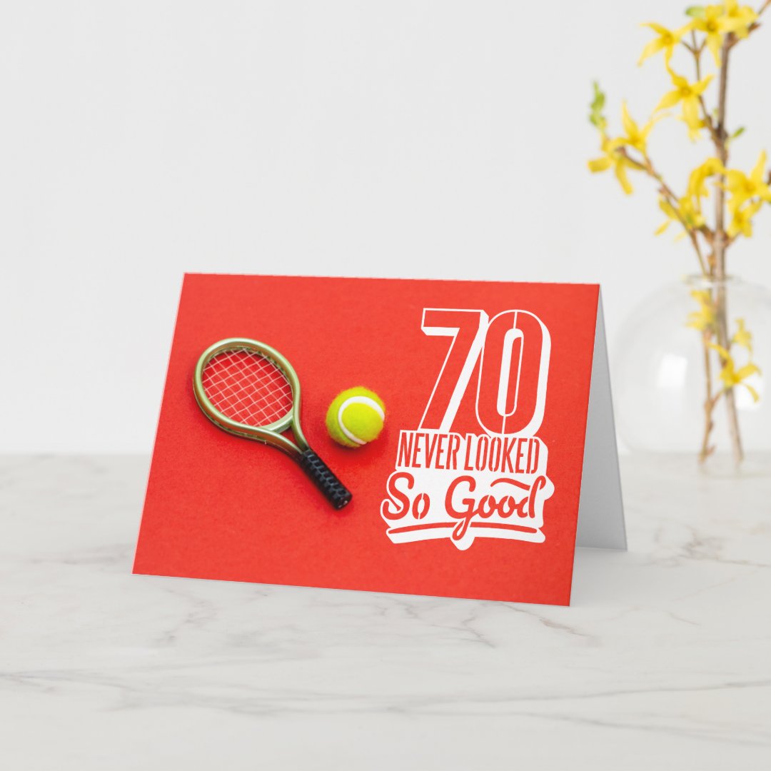 Tennis 70th Birthday with ball on red Card | Zazzle