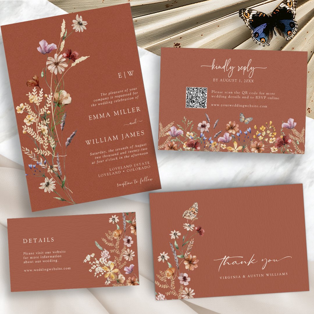 Terracotta Boho Wildflowers Wedding Invitation | Zazzle