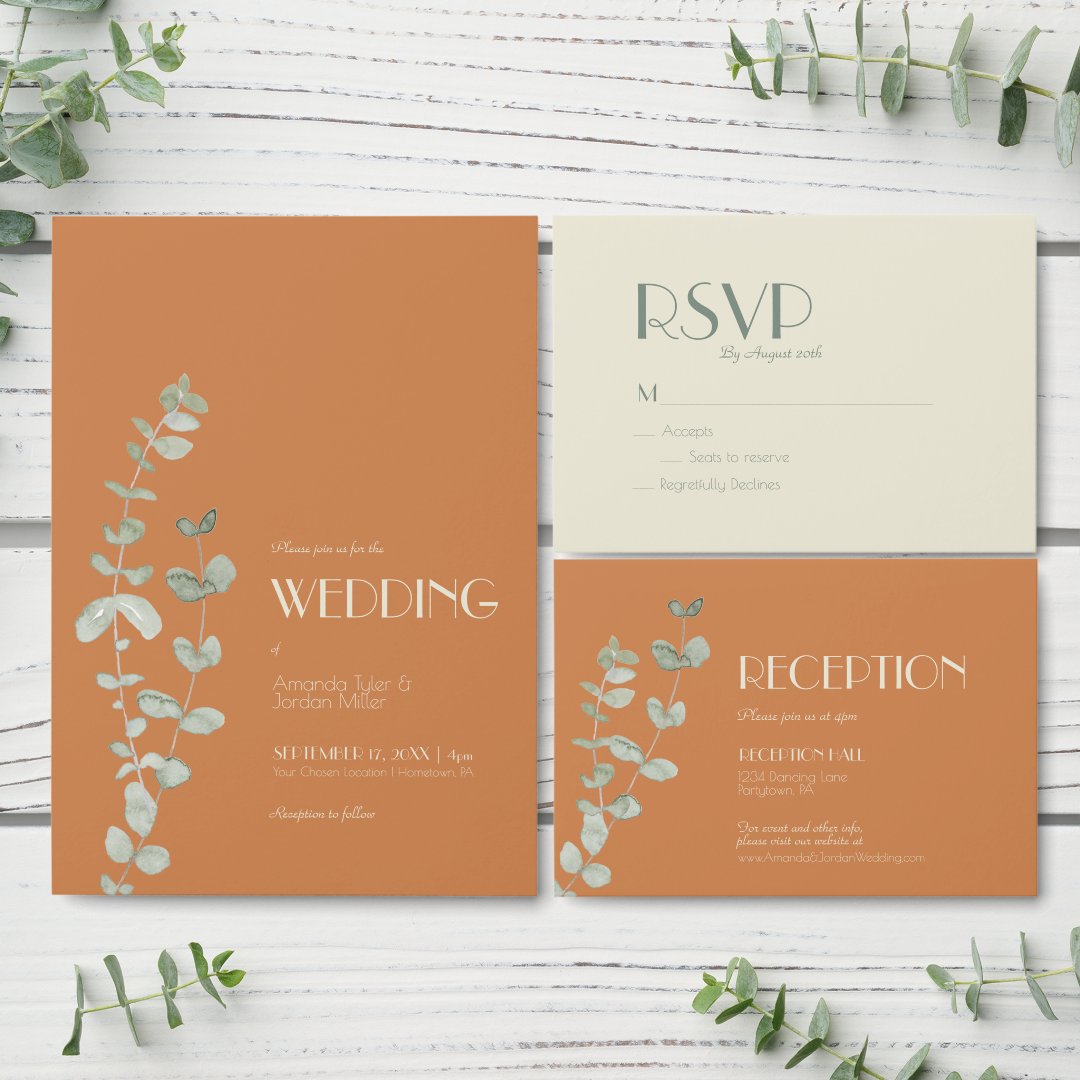 Terracotta Eucalyptus Deco Wedding All In One Invitation | Zazzle