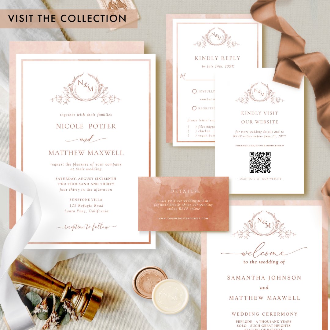 Terracotta Watercolor Elegant Monogram Wedding Invitation | Zazzle