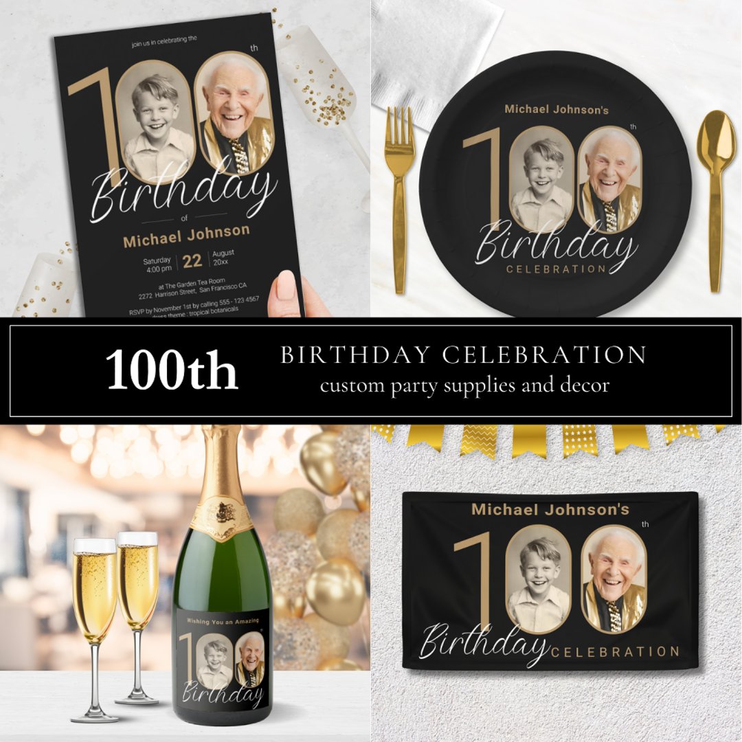 Elegant Photo Gold Black Surprise 100th Birthday Invitation | Zazzle