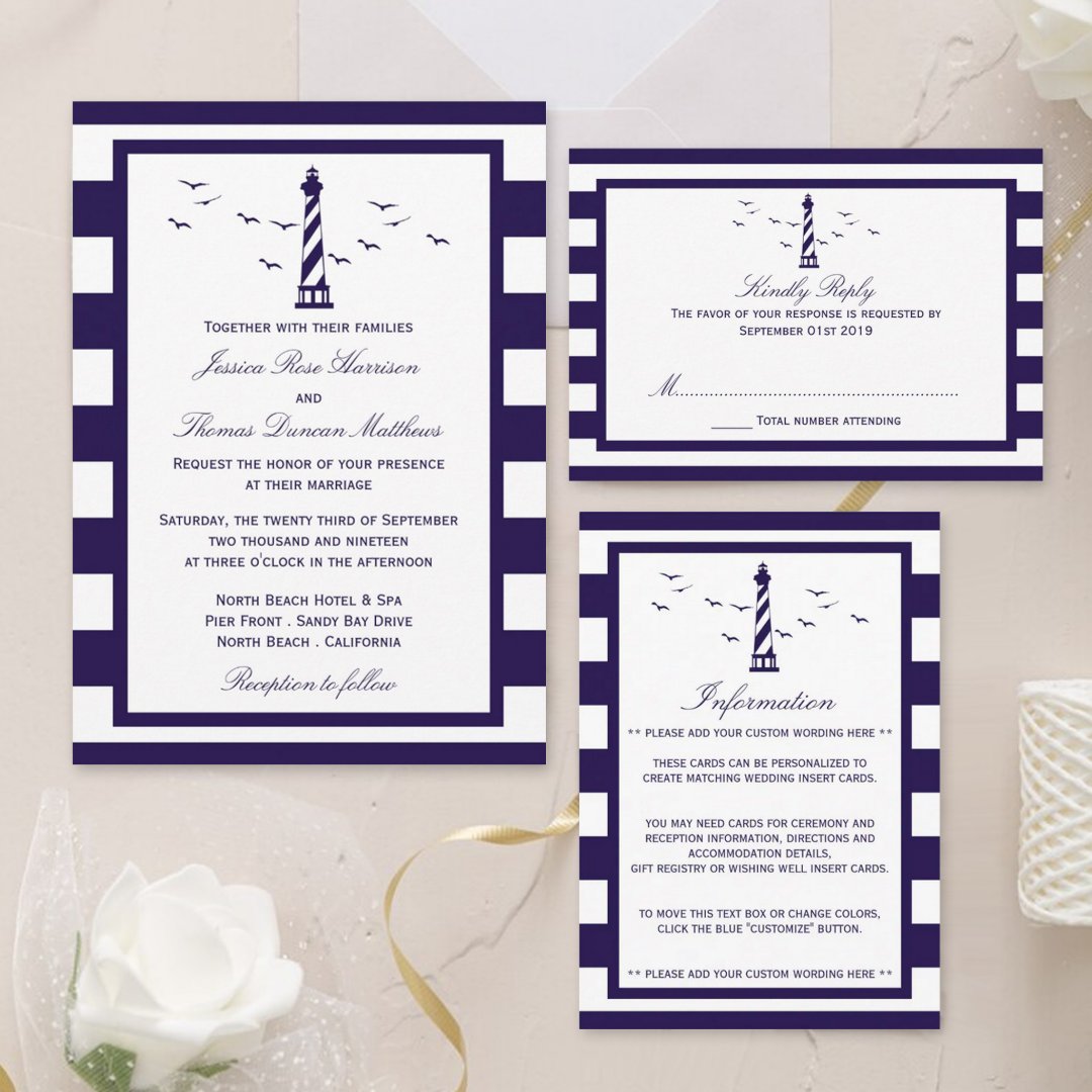 Nautical Lighthouse Navy Stripe Wedding Real Foil Invitation | Zazzle