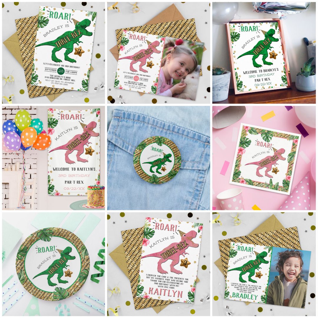 Three-Rex Dinosaur 3rd Birthday Photo Thank You Card | Zazzle
