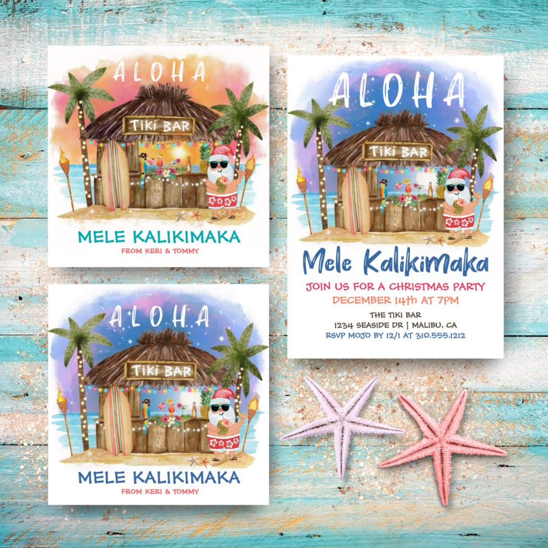Tiki Beach Bar | Tropical Mele Kalikimaka Santa Square Sticker | Zazzle