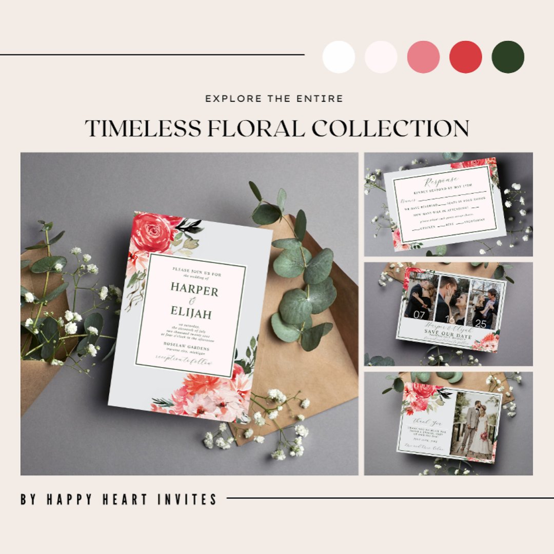Timeless Floral Blush Red Greenery Website Wedding RSVP Card | Zazzle