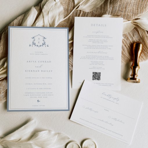 Timeless Vines Dusty Blue Crest Meal Choice RSVP Card | Zazzle