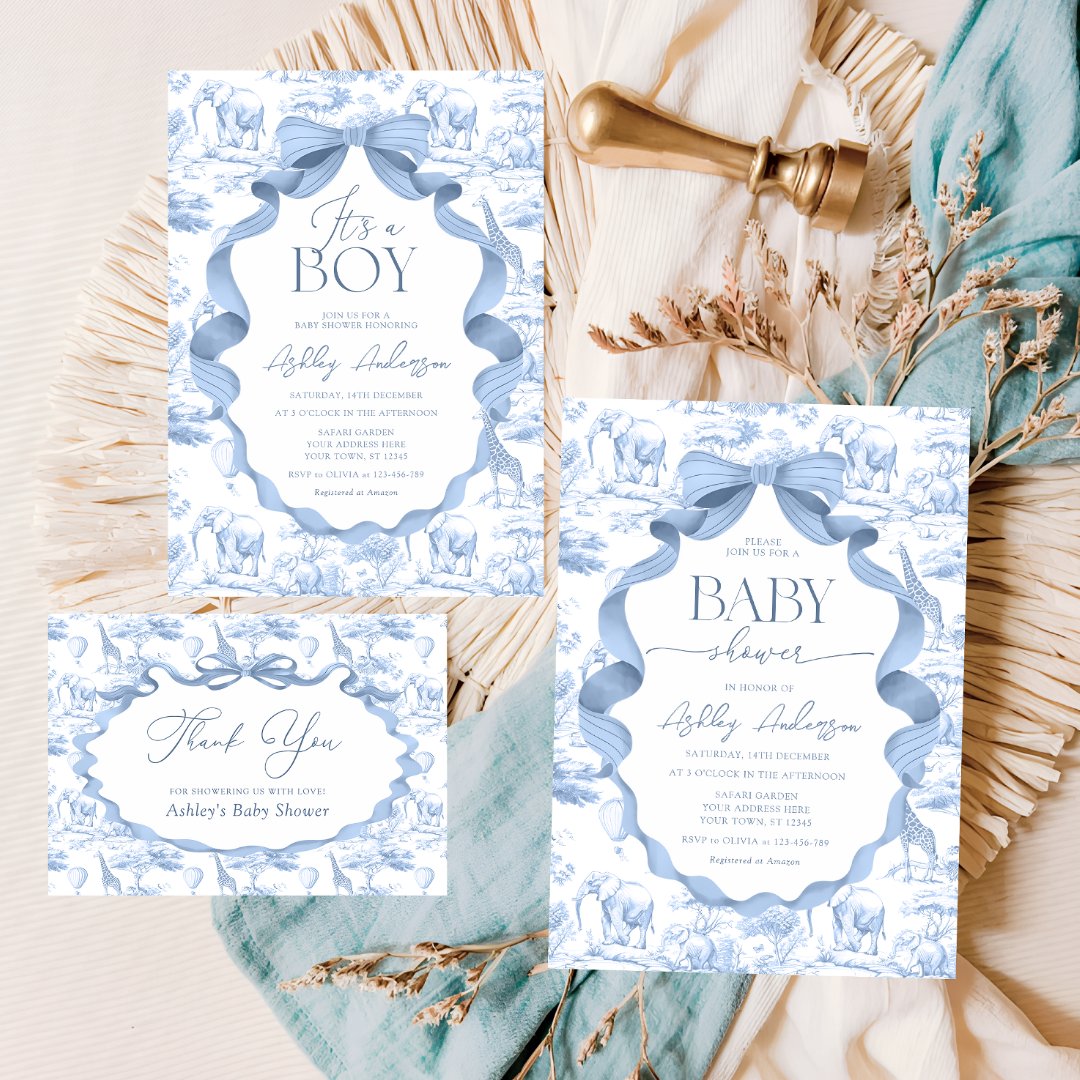 Oh Boy Safari Animal Blue Toile Baby Shower Invitation | Zazzle
