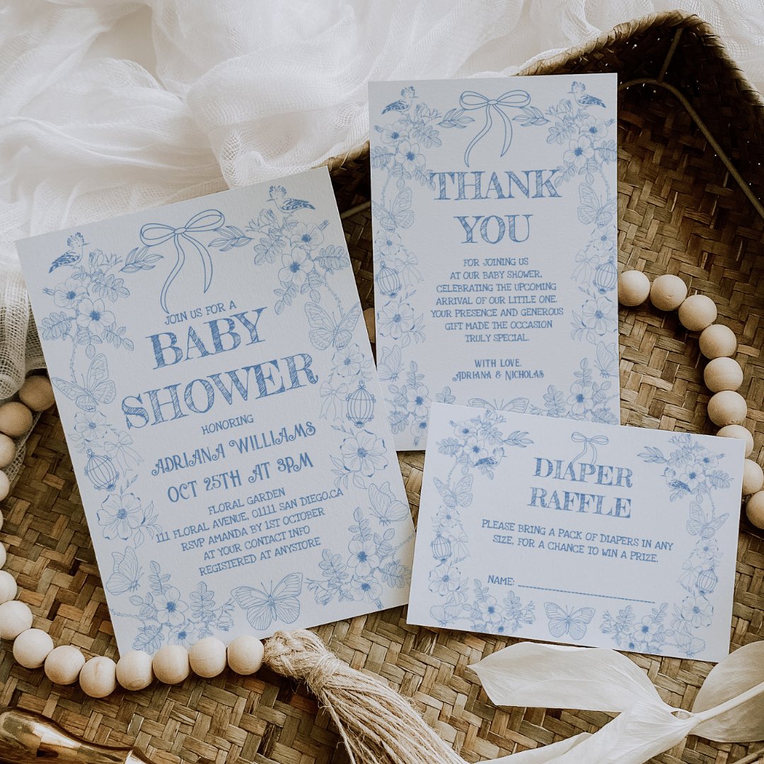Light Blue Toile Bow Boy Baby Shower Invitation | Zazzle