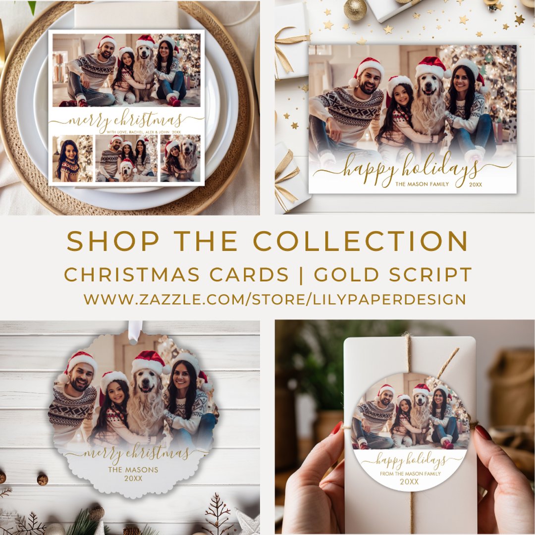 Elegant 4 Photo Collage Gold Script Christmas Holiday Card | Zazzle