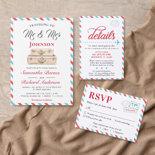 Travel Airplane Suitcases Graduation Grad Red Blue Invitation | Zazzle