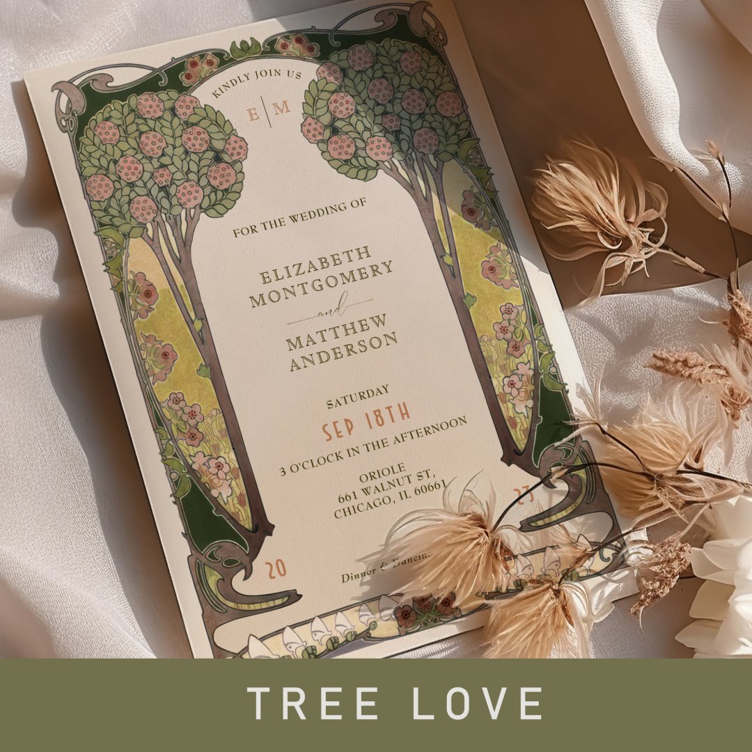 Vintage Art Nouveau Love Tree Wedding Invitation | Zazzle