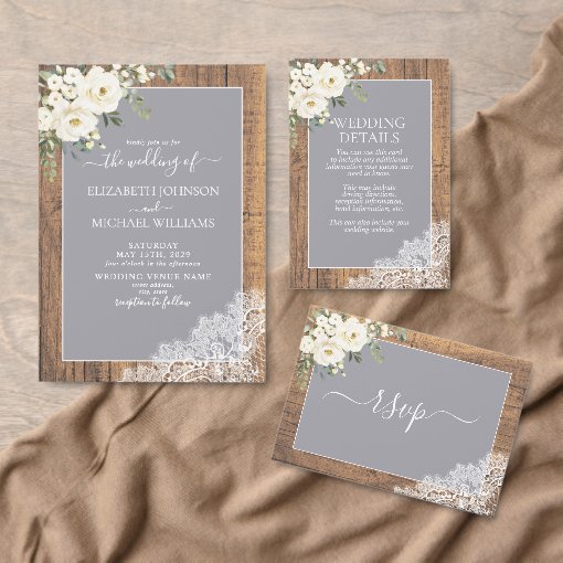 Rustic Light Gray White Floral Wood Wedding All In One Invitation | Zazzle