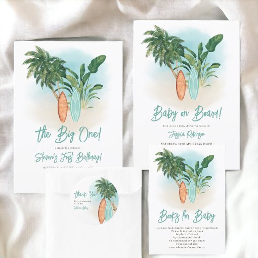 Tropical beach Baby on board surf baby shower Thank You Card | Zazzle