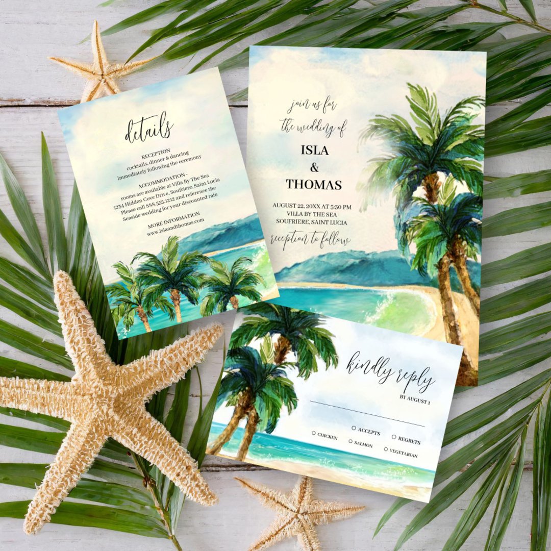 Tropical Beach Lagoon Palm Paradise Wedding Invitation | Zazzle