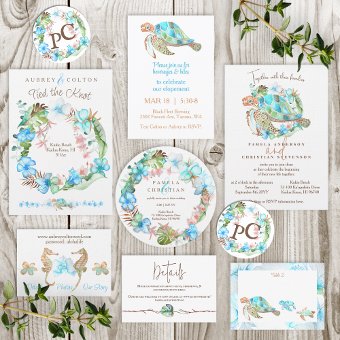 Sea Turtle, Tropical Blue Green Wreath Wedding Invitation | Zazzle