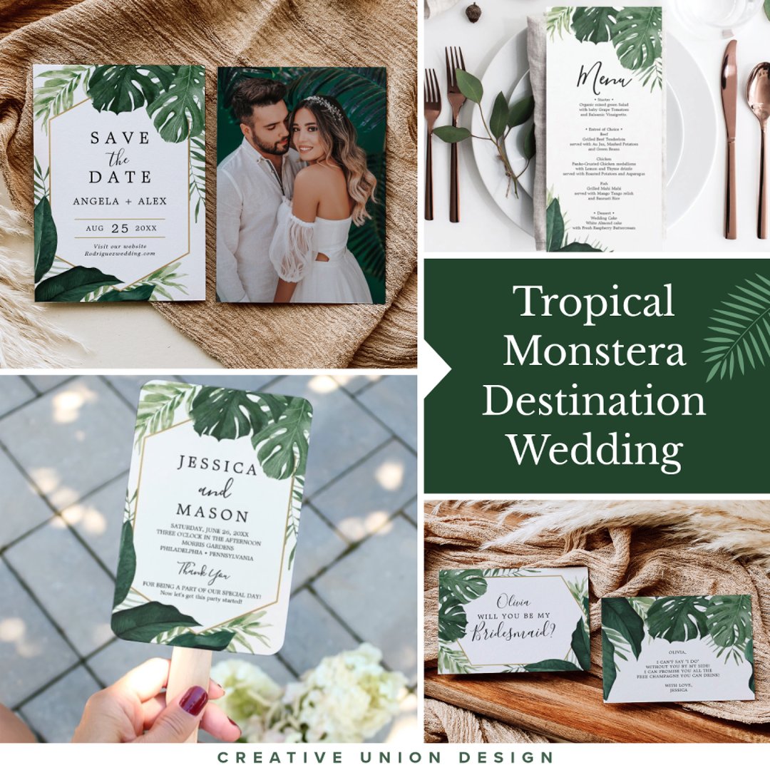 Tropical Monstera Wedding Tri-Fold Invitations | Zazzle
