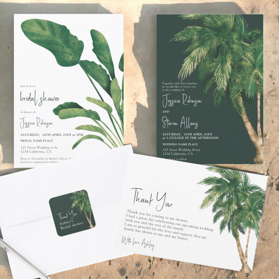 Tropical greenery script palm tree 3 photo wedding invitation | Zazzle