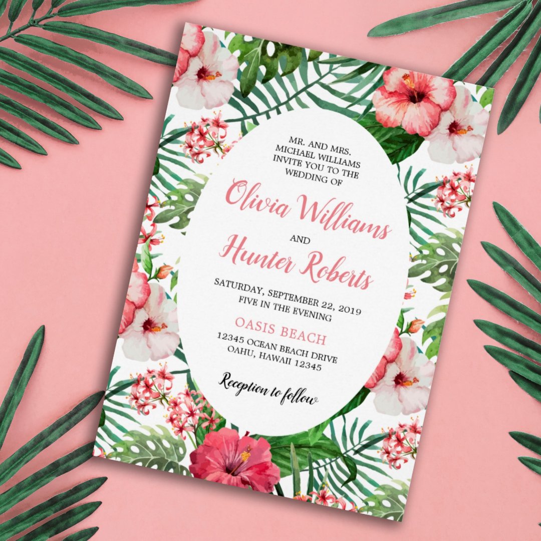 Tropical Floral Hibiscus Wedding Modern White Invitation | Zazzle