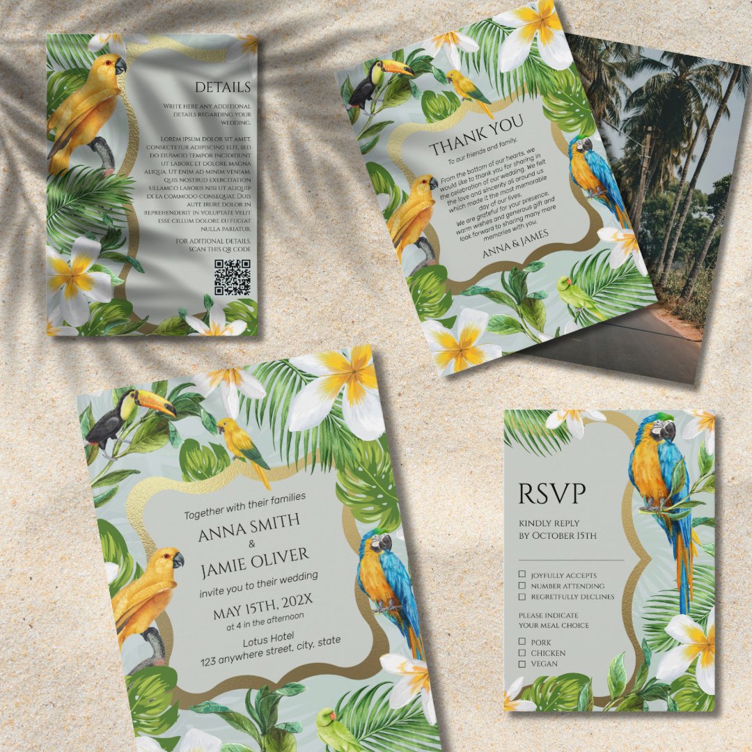 Tropical Forest Greenery Parrots Plumeria Wedding Invitation | Zazzle