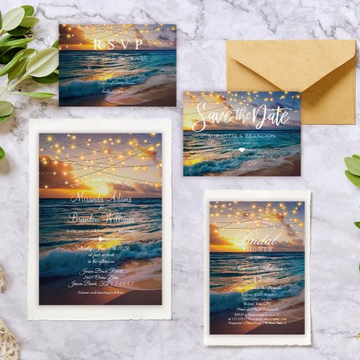 Elegant Summer Sunset Beach String Lights Wedding Invitation | Zazzle