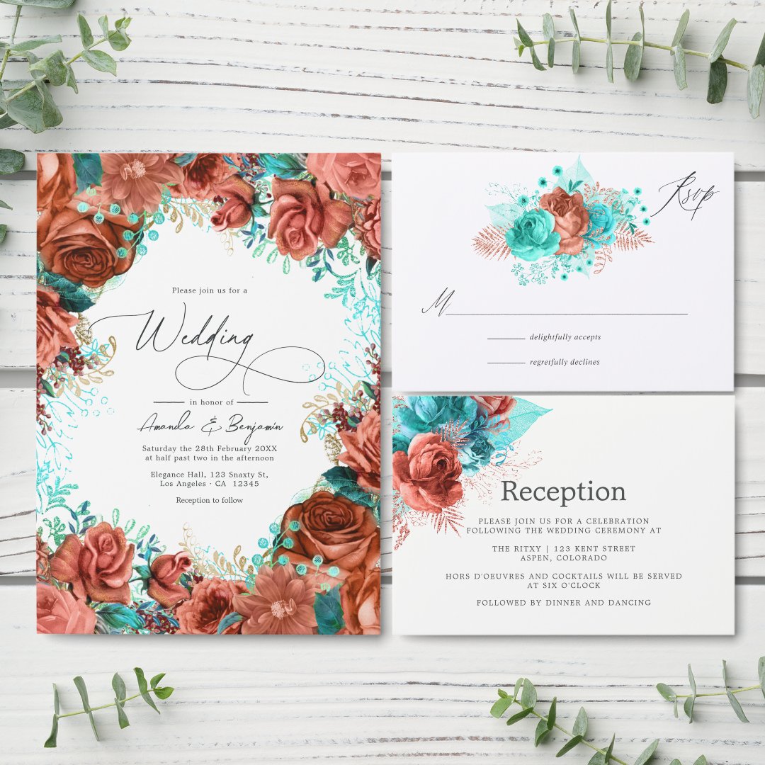 Turquoise and Coral Rustic Floral Wedding Invitation | Zazzle