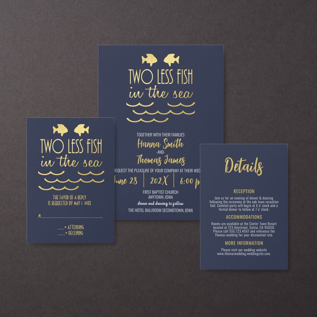 Two Less Fish in the Sea Navy Gold Elegant Wedding Invitation | Zazzle