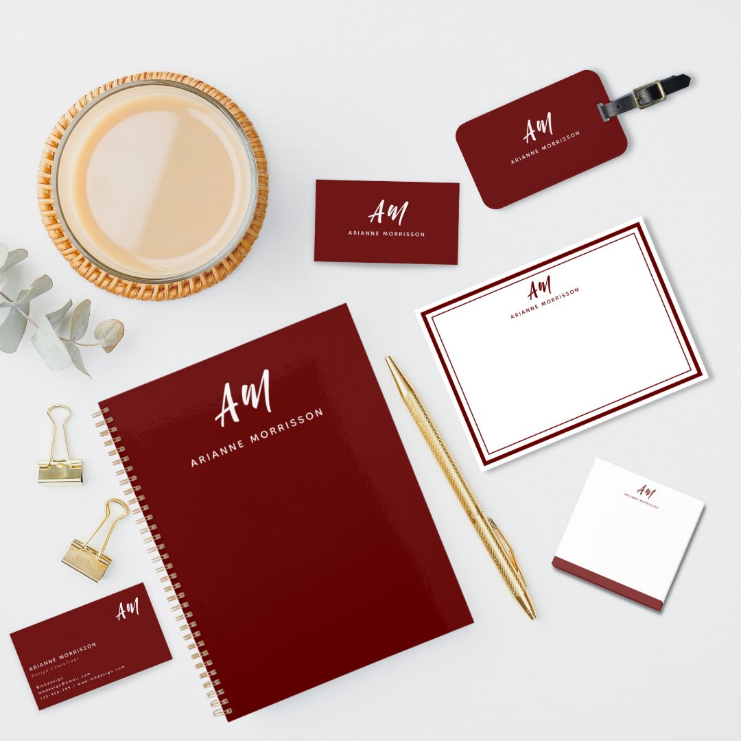 Minimalist Monogram Thin & Thick Maroon Border Note Card | Zazzle