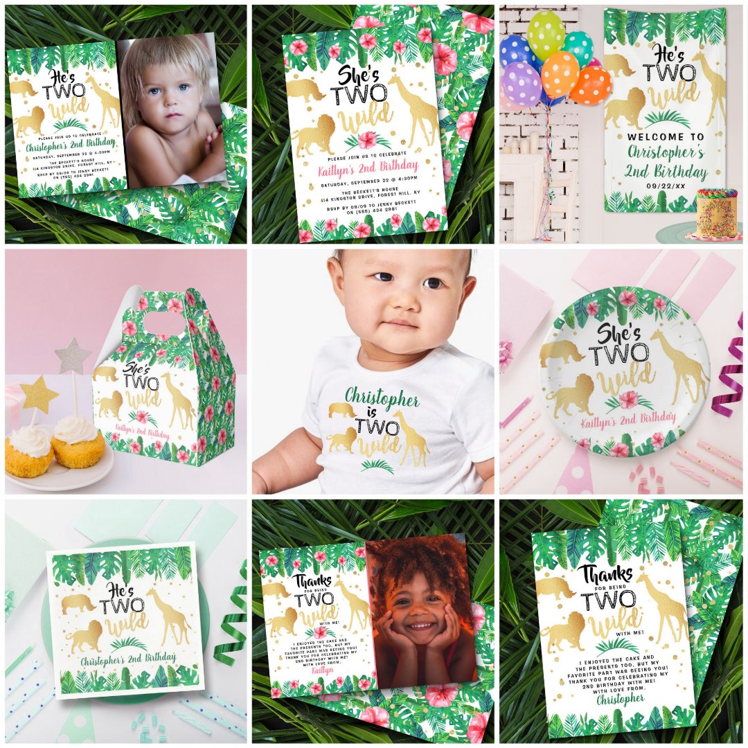 Two Wild Girls Second Birthday Photo Thank You Card | Zazzle