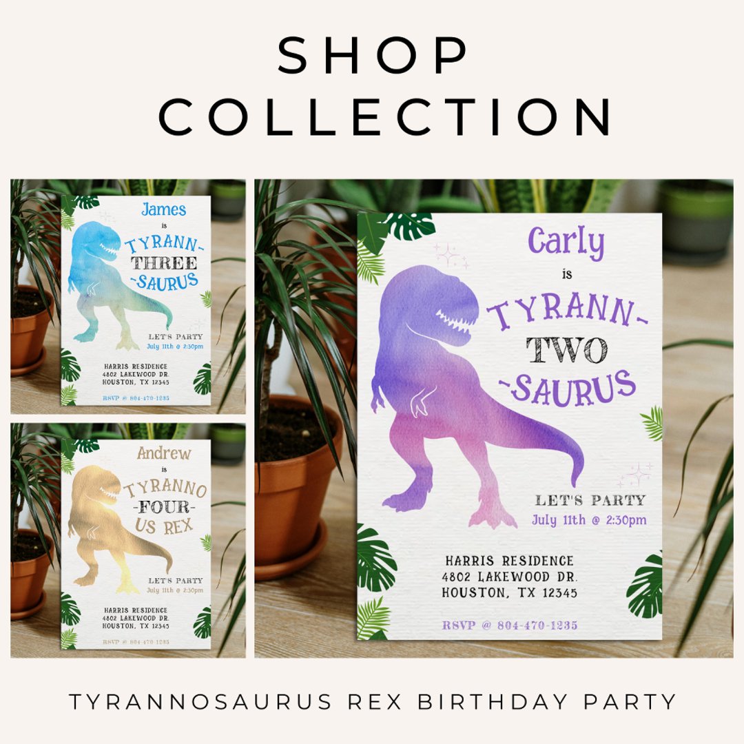 Dinosaur 4th Birthday Party Gold Tyrannosaurus Rex Invitation | Zazzle