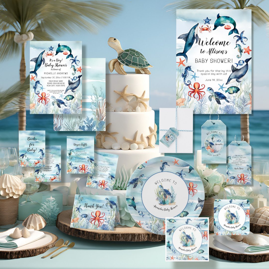 Under the Sea Turtle Dolphin Blue Boy Baby Shower Invitation | Zazzle